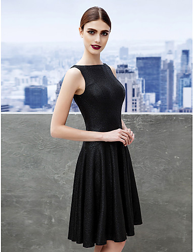 A Line Fit And Flare Boat Neck Bateau Neck Knee Length Jersey Little Black Dress Cocktail